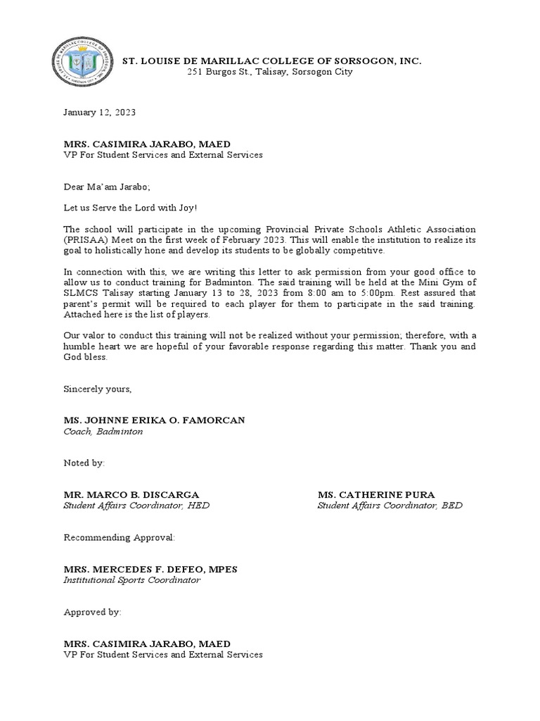 PRISAA Badminton Training Letter | PDF