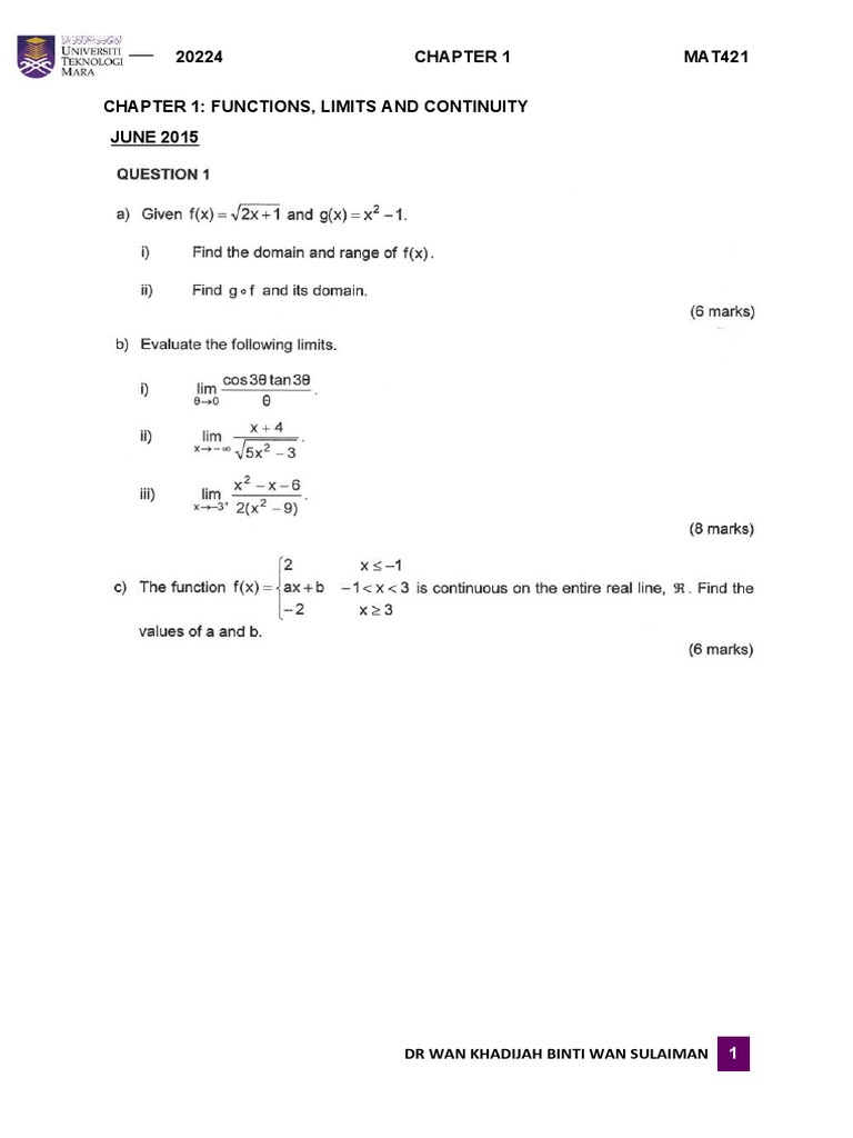 Tutorial - Chapter 1 - Functions, Limits and Continuity | PDF