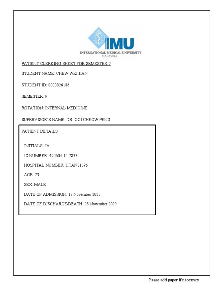 PATIENT CLERKING SHEET FOR SEMESTER 9 (MEDICAL) Updated 12 Feb 2018 ...