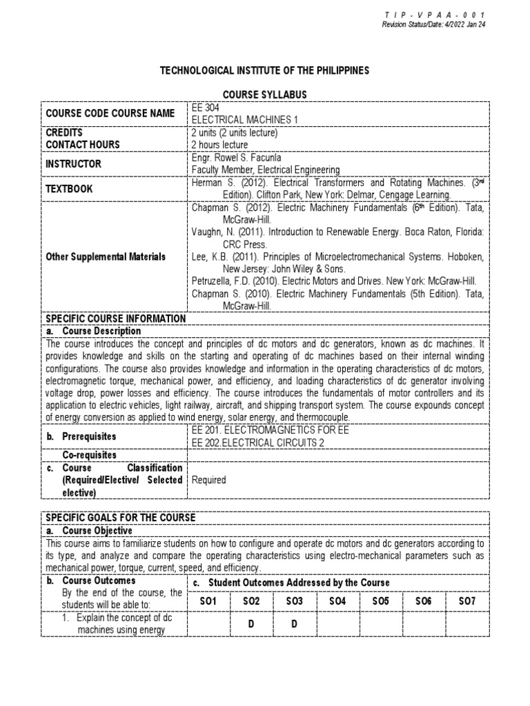 Ee 304 - Syllabus | PDF | Electric Motor | Electric Generator