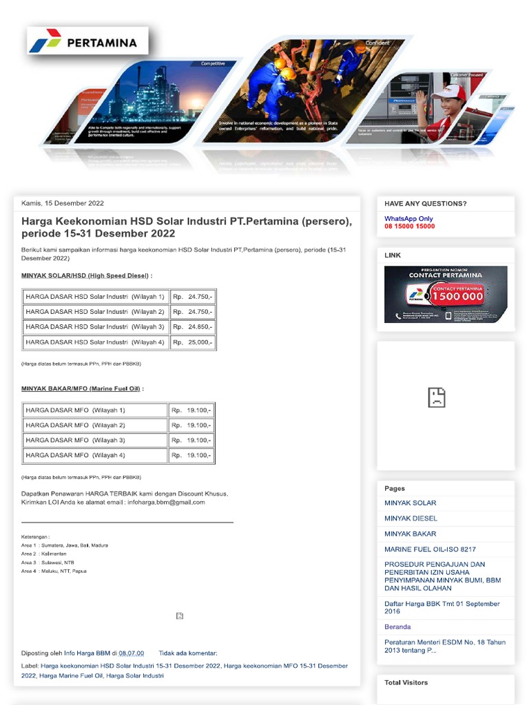 Harga Keekonomian BBM Solar Industri & MFO PT. Pertamina (Persero ...