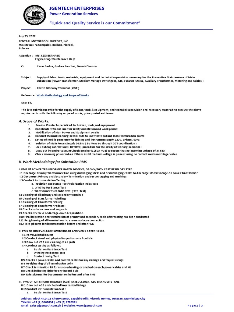 CMSI Work Methodology and Scope of Work For One Time PMS-Main Substation of CGT | Download Free ...