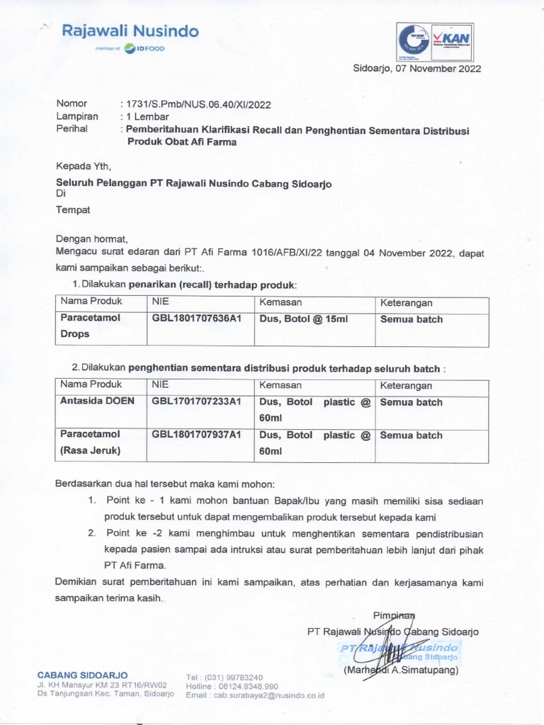Surat Klarifikasi Produk PT Afi Farma | PDF