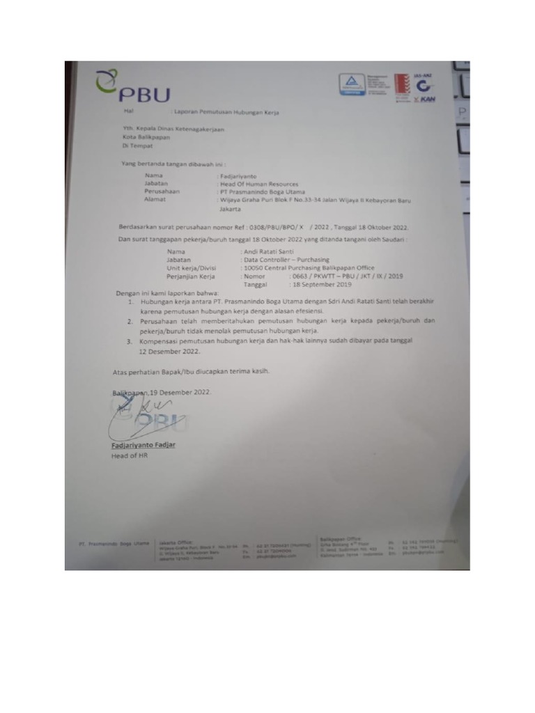 5.surat Laporan PHK | PDF