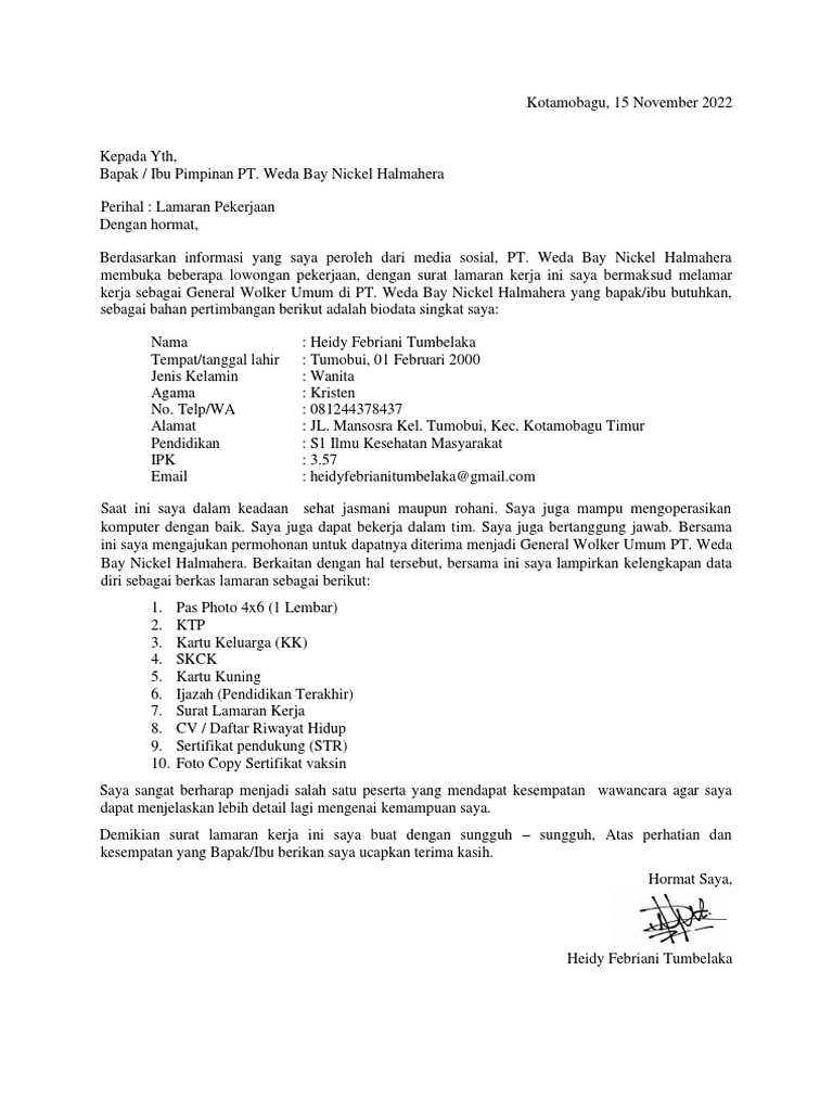 Surat Lamaran Kerja Heidy - Pt. Weda Bay Nickel Halmahera | PDF