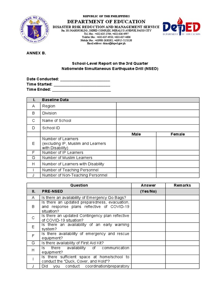 Annex B. School Level Report On The 3rd Quarter NSED | PDF | Emergency Management | Public Safety