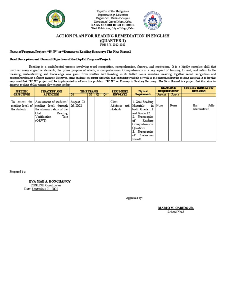 Action Plan in Reading Quarter 1 | PDF | Reading Comprehension | Fluency