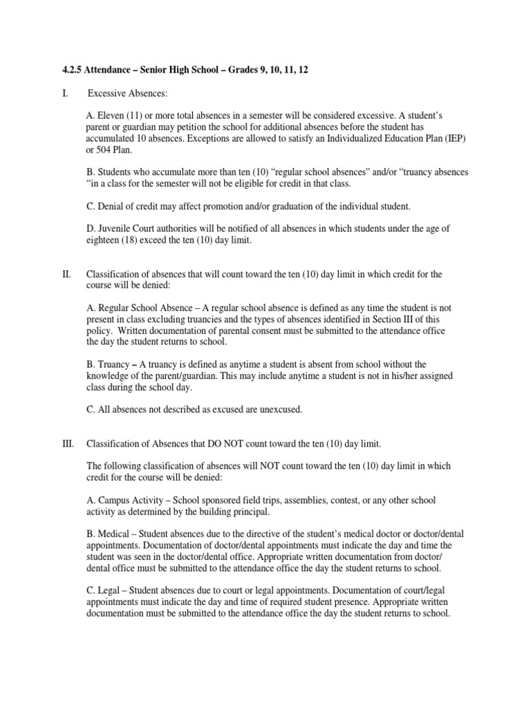 425 Attendance Senior High School Grades 9 10 11 12pdf Pdf Individualized Education Program