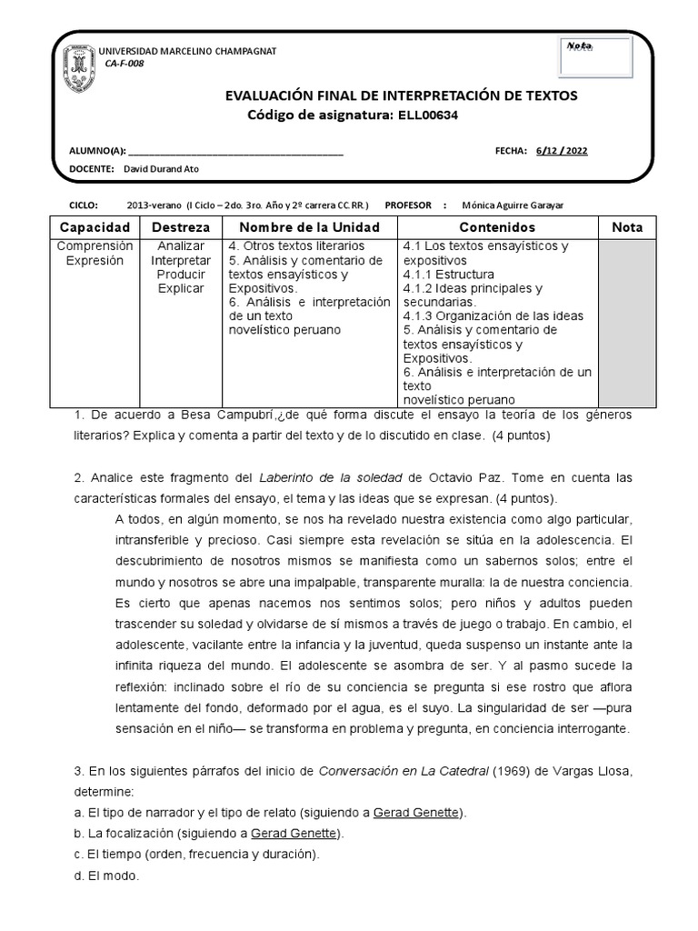 Examen Final de Interpretación de Textos. 2022 1 | PDF