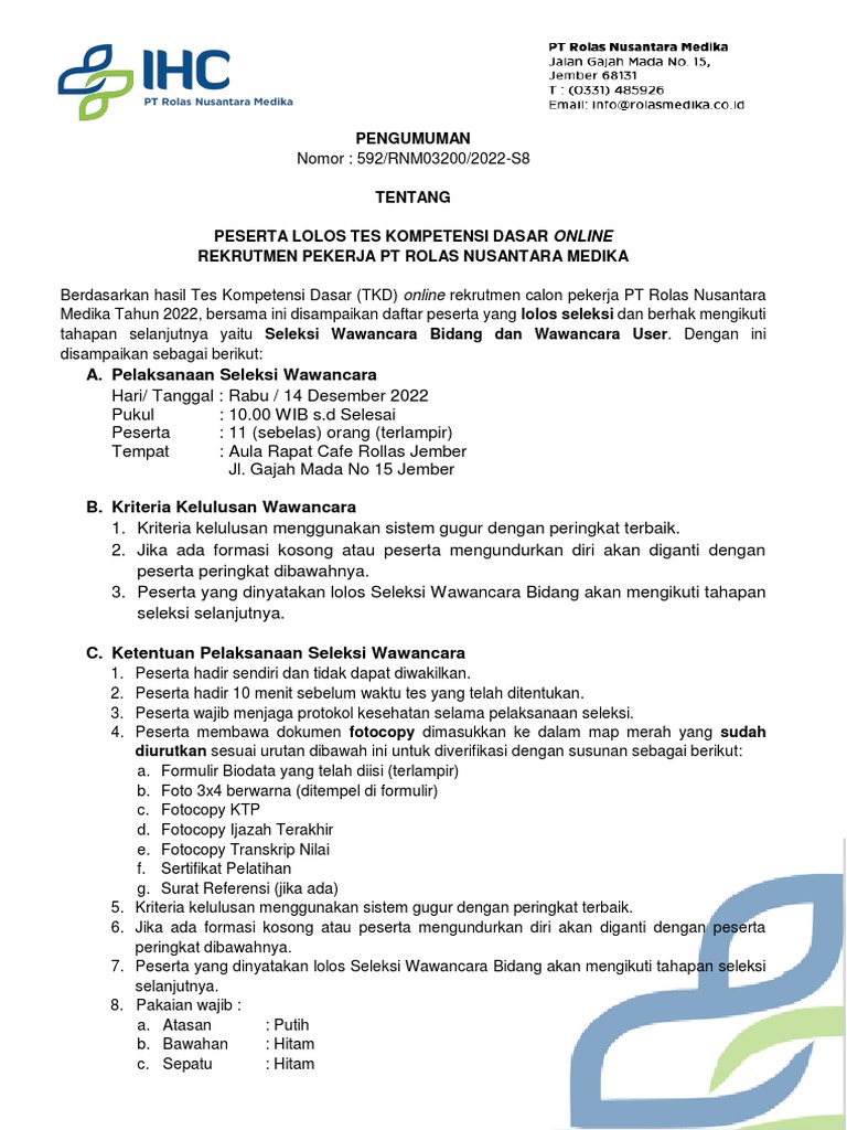 Https Rolasmedika - Co.id WP Content Uploads 2022 12 Pengumuman Lolos TKD Online PT RNM Staf ...