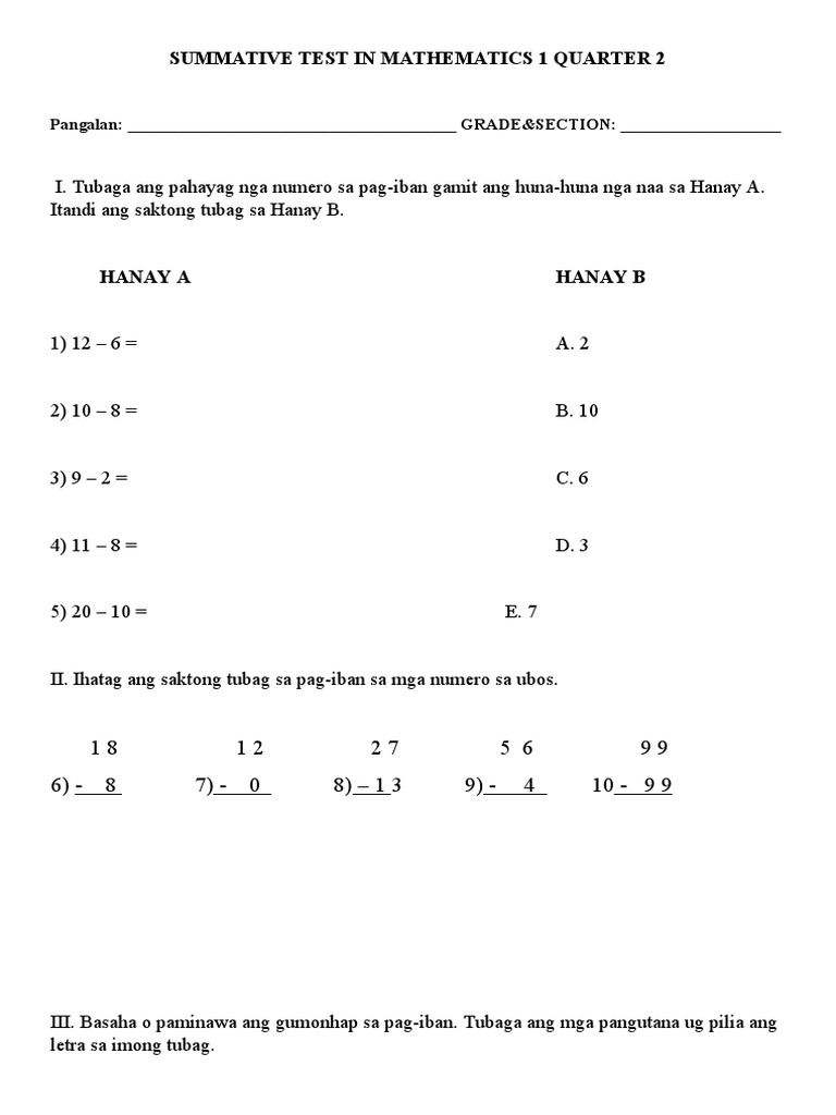 4th SUMMATIVE TEST IN MATHEMATICS 1 QUARTER 2 | PDF