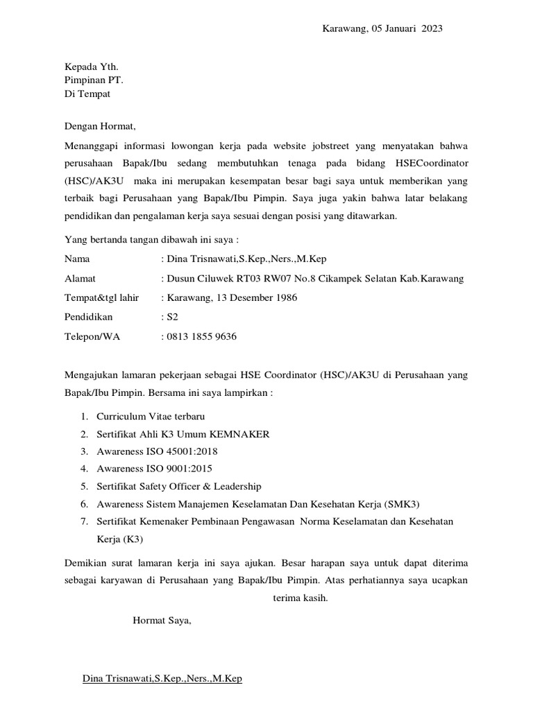 Surat Lamaran Kerja HSE K3U-1 | PDF