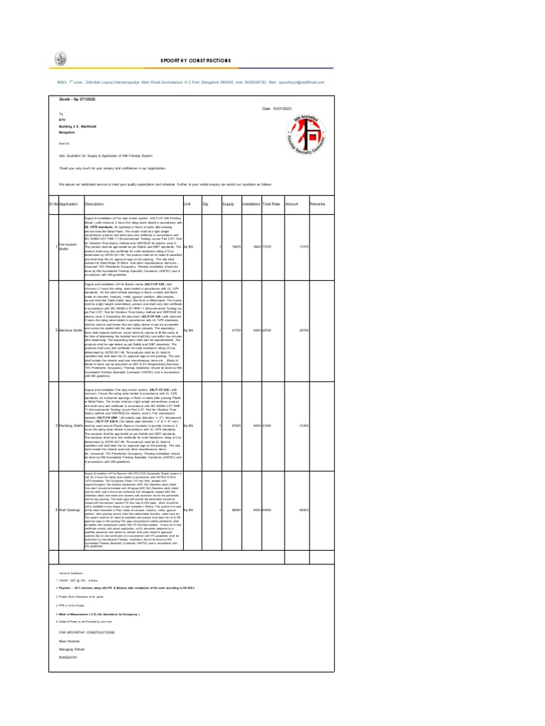 271-Quotation - HILTI Firestop Work ETV | PDF