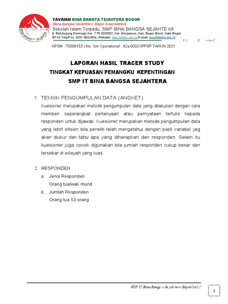LAPORAN HASIL TRACER STUDY TINGKAT KEPUASAN PEMANGKU KEPENTINGAN SMP IT ...