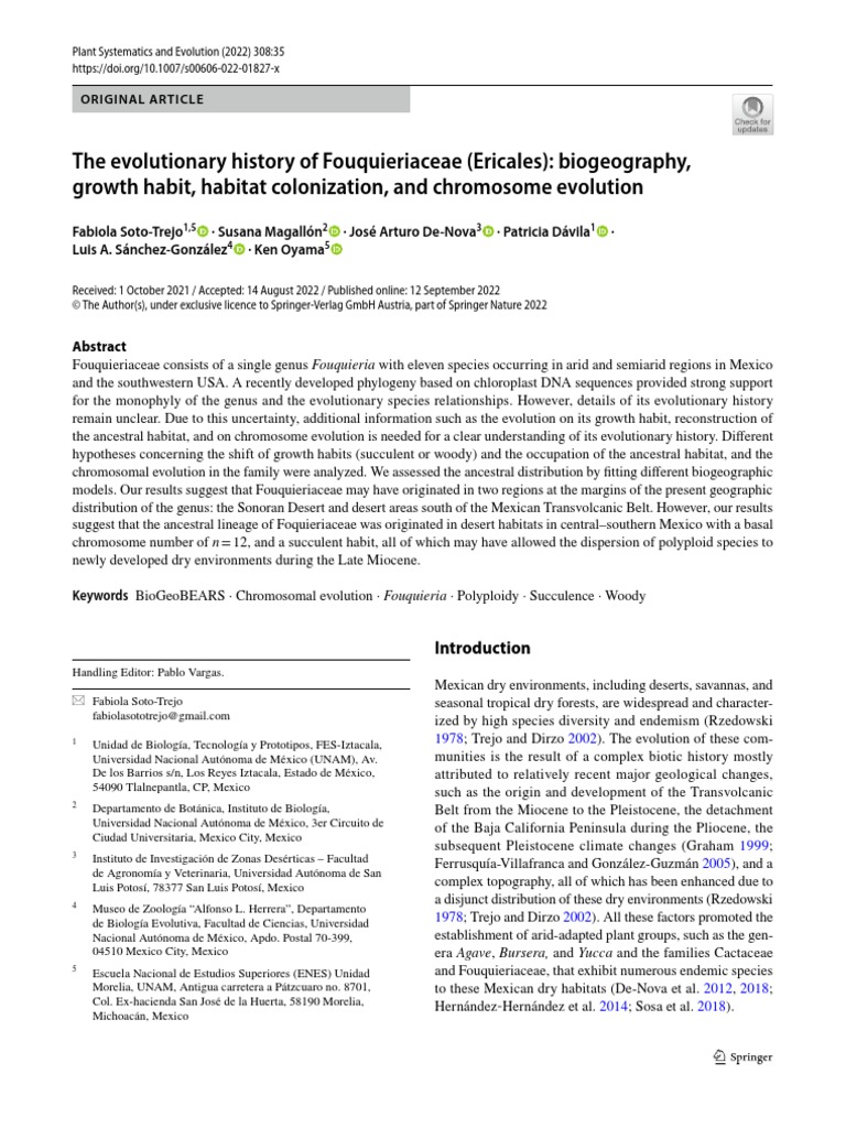 The Evolutionary History of Fouquieriaceae (Ericales) : Biogeography ...