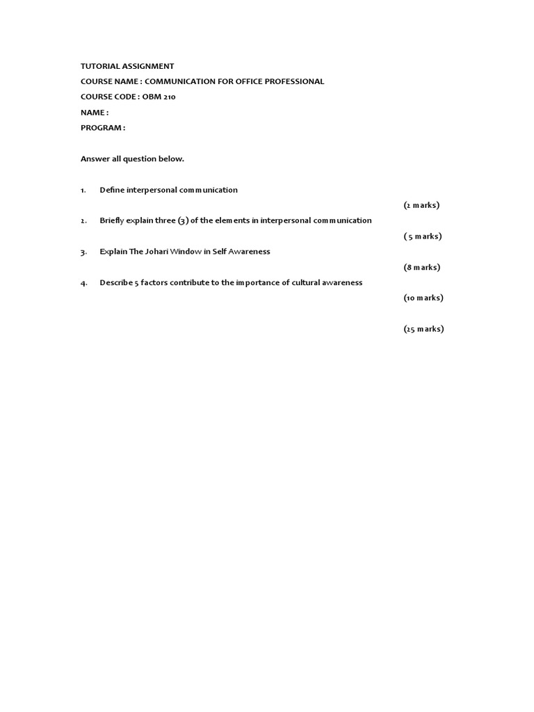 Tutorial Assignment (Obm 210) | PDF