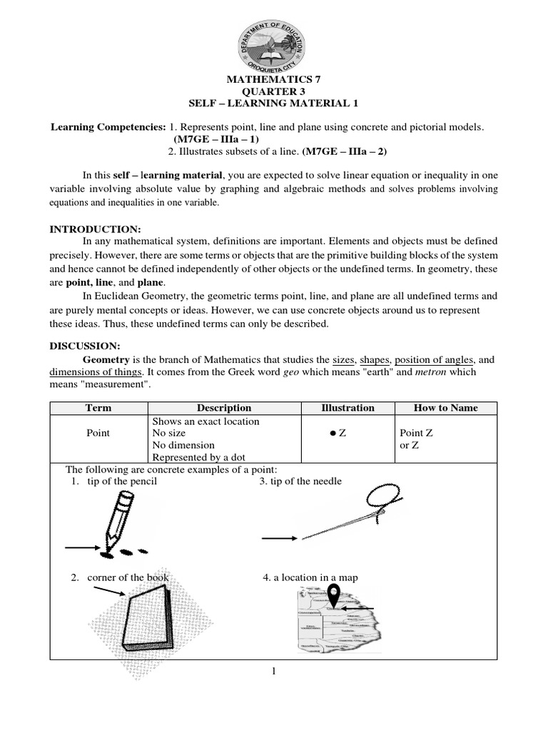 Math 7 Episode 1 Q3 SLM | PDF | Geometry | Line (Geometry)