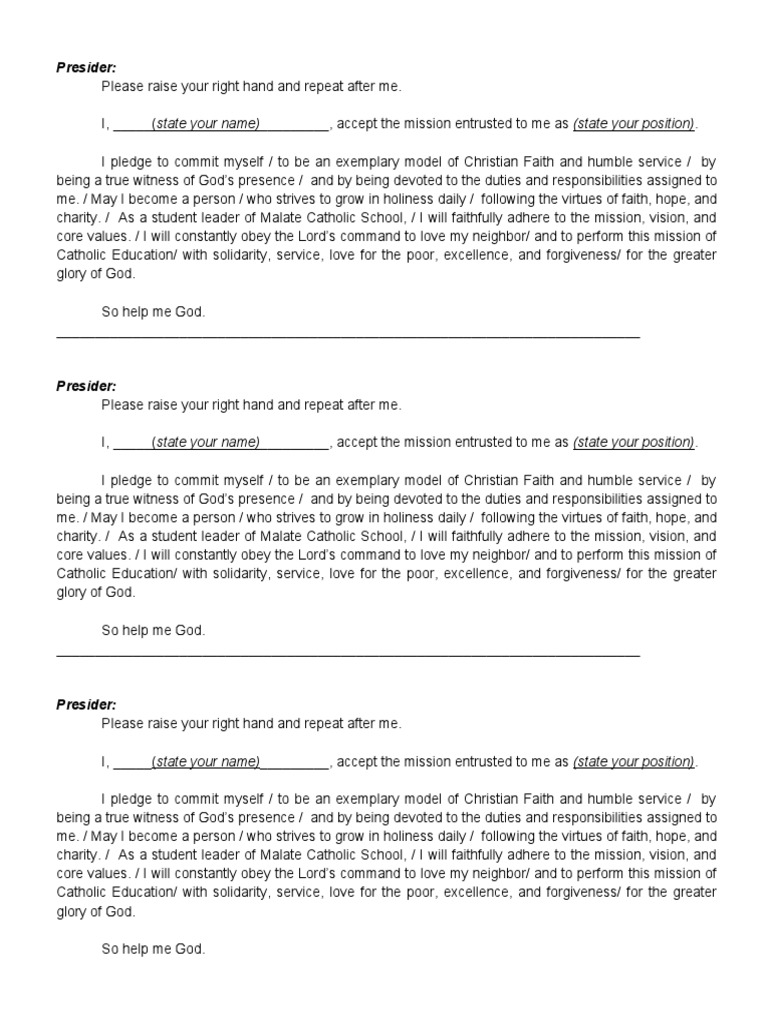 An Oath of Commitment to Catholic Leadership and Service | PDF | Faith ...