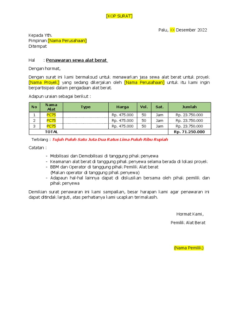 Draft Surat Penawaran Alat Berat | PDF