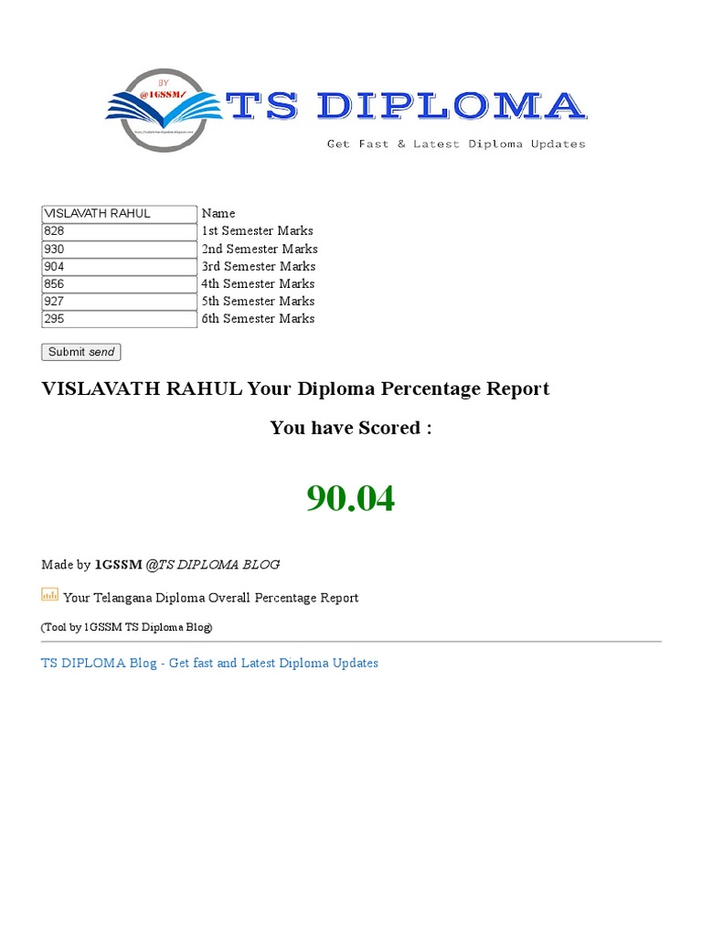 TS DIPLOMA Percentage Calculator - Find Your SBTET % | PDF