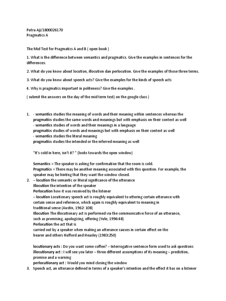 Putra Aji - The Mid Test For Pragmatics A and B | PDF | Semantics | Grammar Putra Aji - The Mid Test For Pragmatics A and B | PDF | Semantics | Grammar