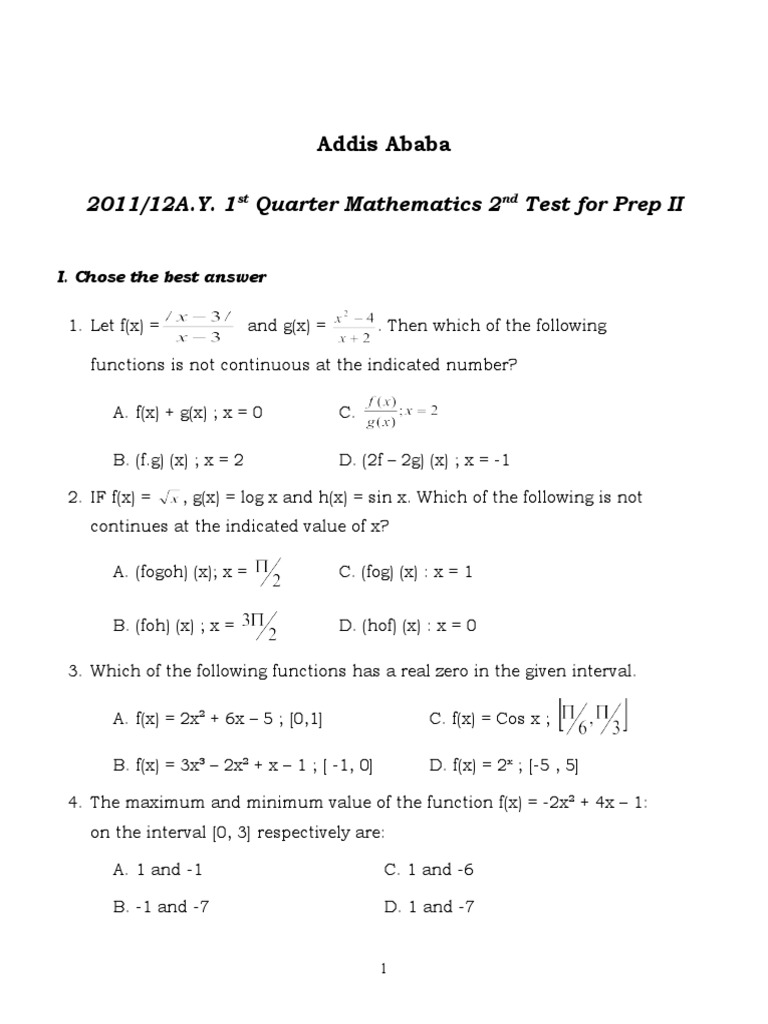 Mathematics Test: Functions, Limits, and Complex Numbers | PDF ...