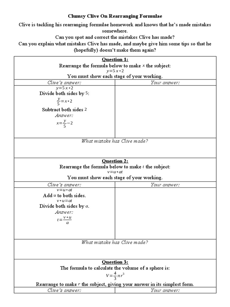 Clumsy Clive On Rearranging Formulae | PDF