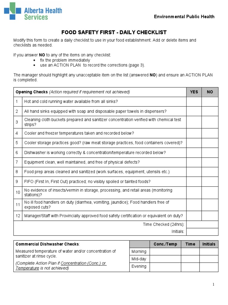 WF Eph Daily Food Safety Checklist | Download Free PDF | Foods ...