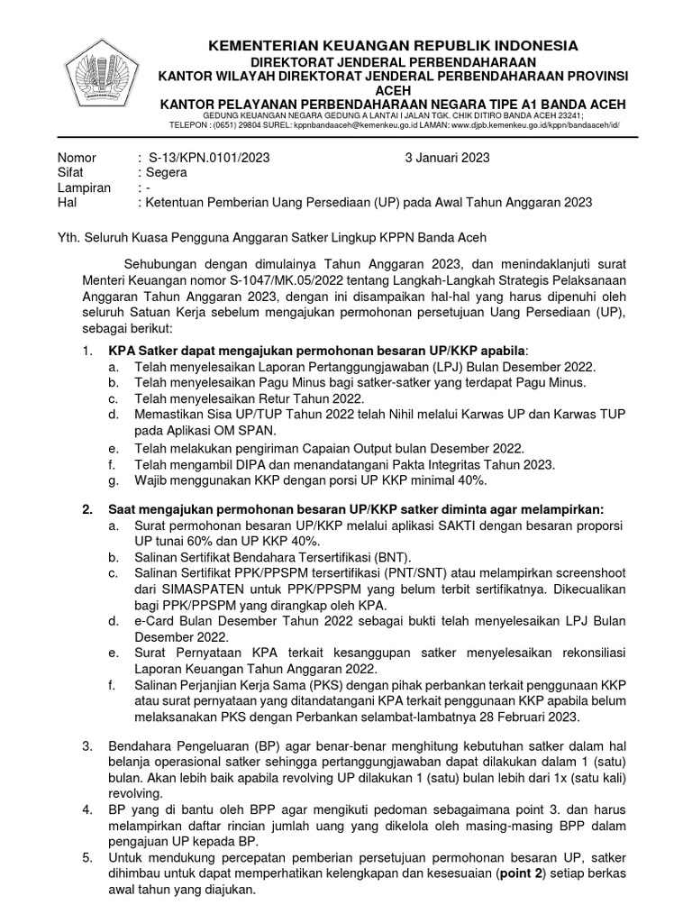 Ketentuan Pemberian Uang Persediaan UP Pada Awal Tahun Anggaran 2023 Final | PDF