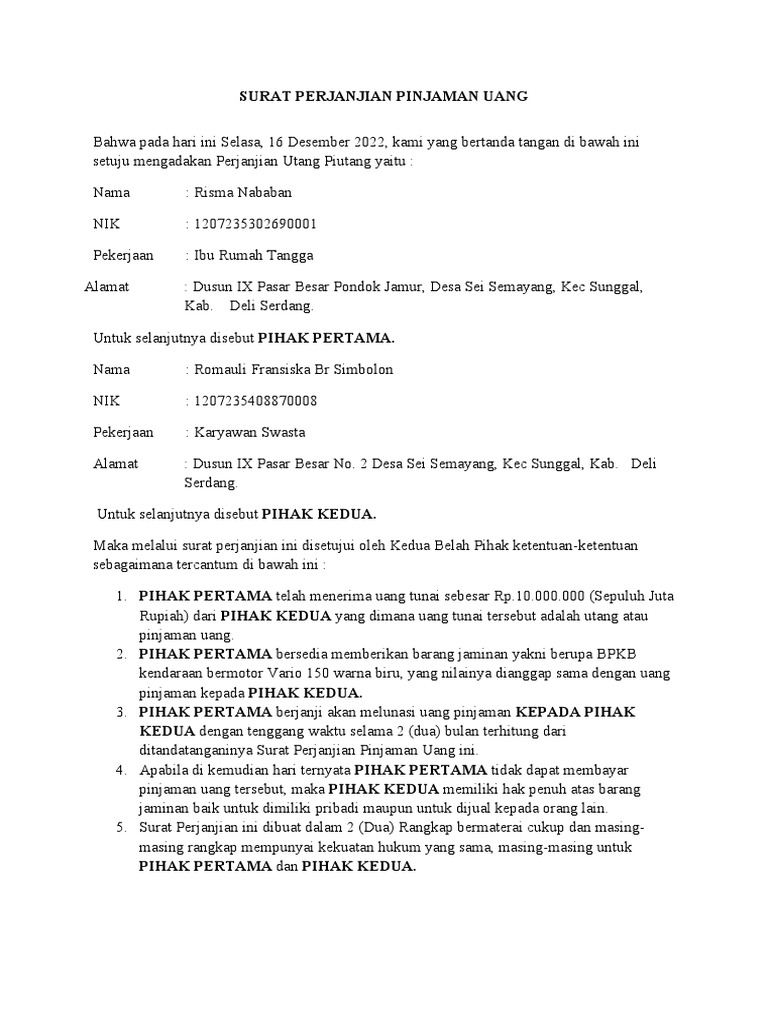 Surat Perjanjian Pinjaman Uang | PDF