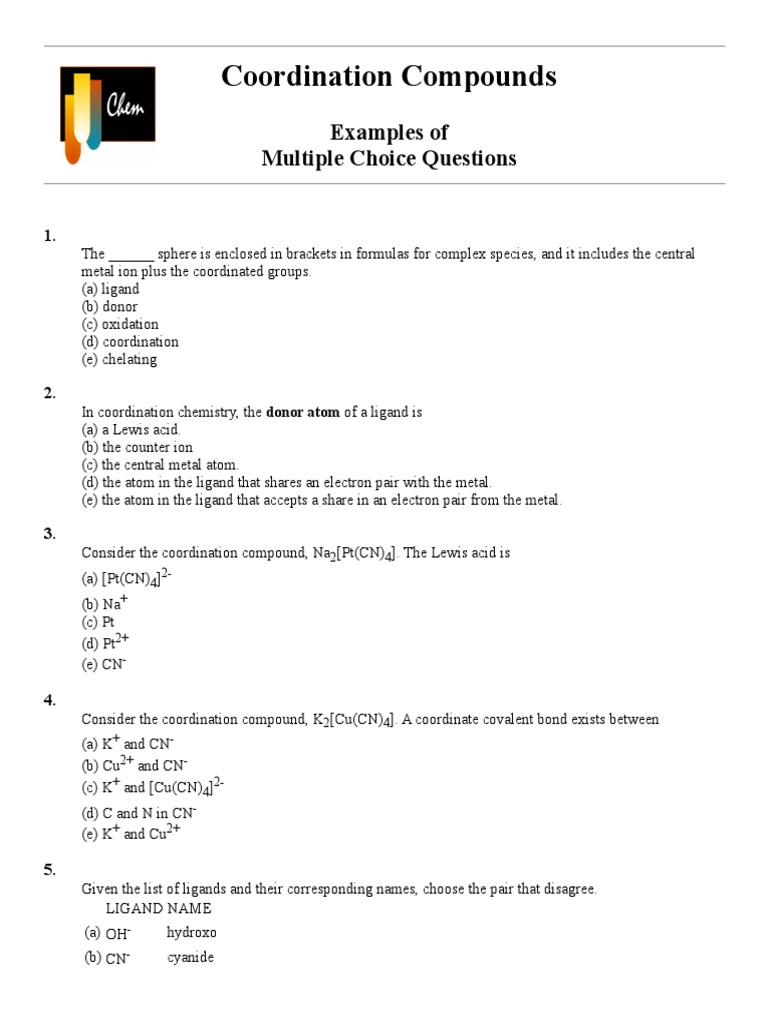Sample Questions - Chapter 25 | PDF | Coordination Complex | Ligand