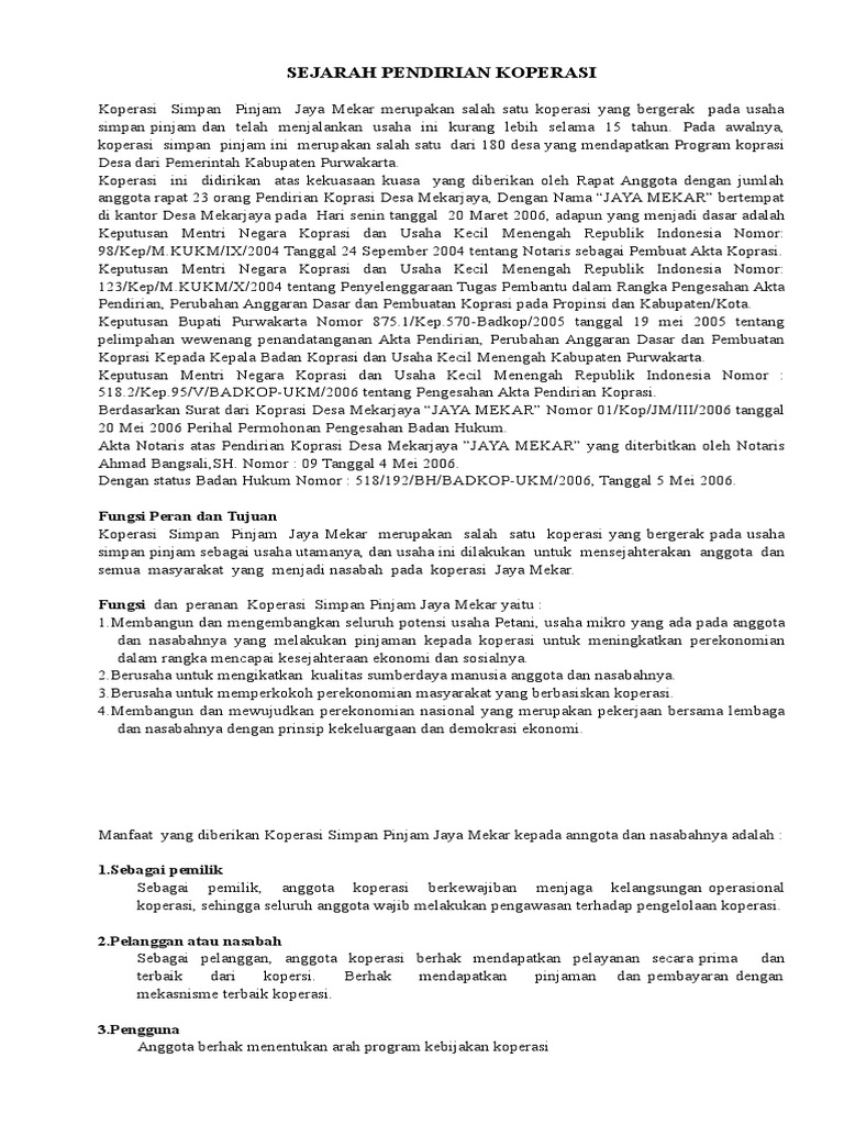Sejarah Koperasi Jaya Mekar | PDF