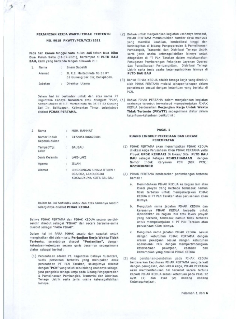 Kontrak Kerja PLTD Bau-Bau Muh Rhamat | PDF
