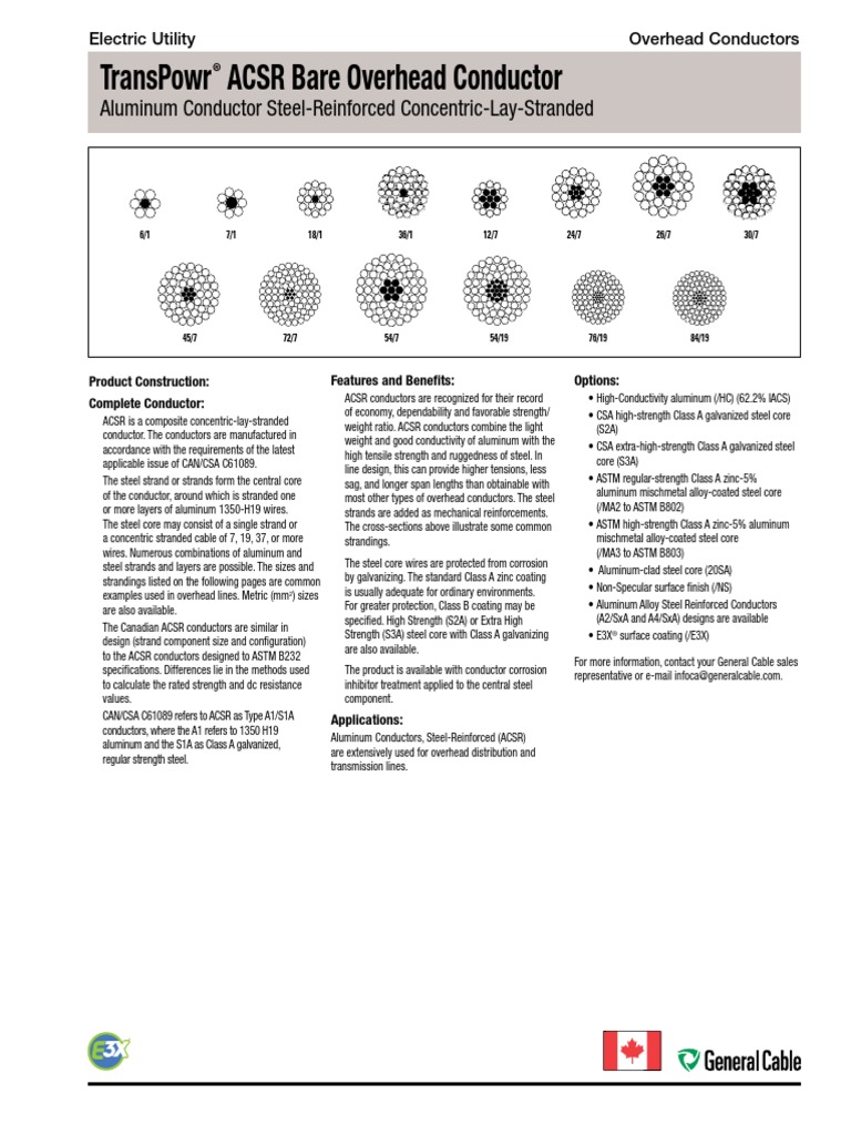 Electric Utility Overhead Conductors TransPowr® ACSR Bare Overhead Conductor (Canada) | PDF ...