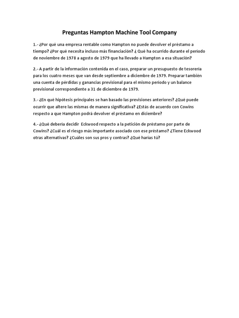 Preguntas Hampton Machine Tool Company | PDF