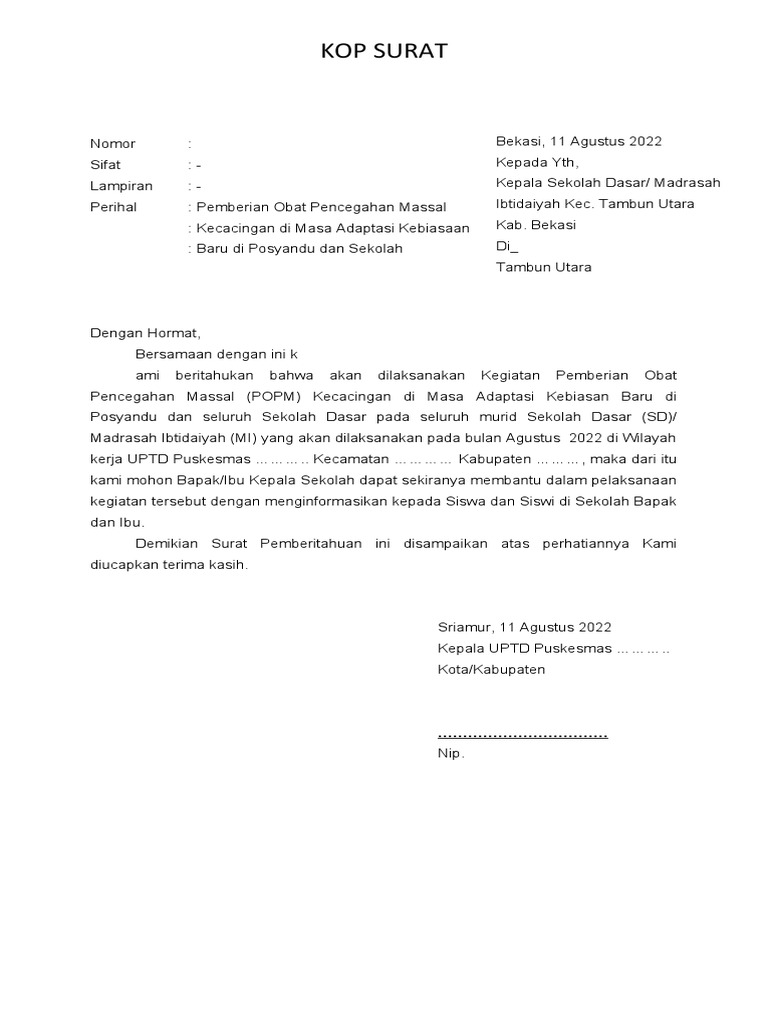 Format - SURAT PEMBERIAN OBAT CACING 2022 | PDF