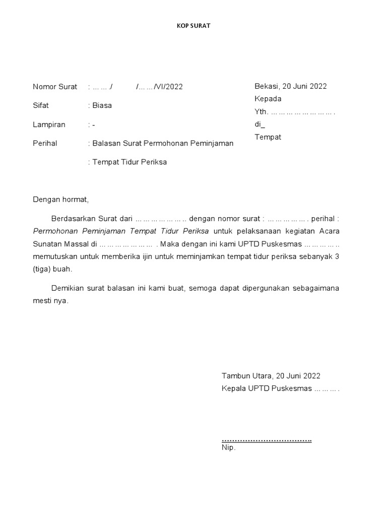FORMAT - Surat Balasan Peminjaman Tempat Tidur | PDF