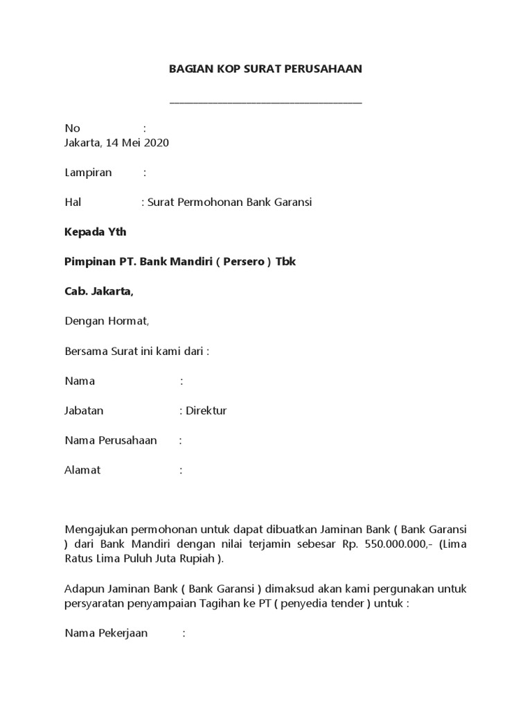 Surat Permohonan Bank Garansi Mandiri | PDF