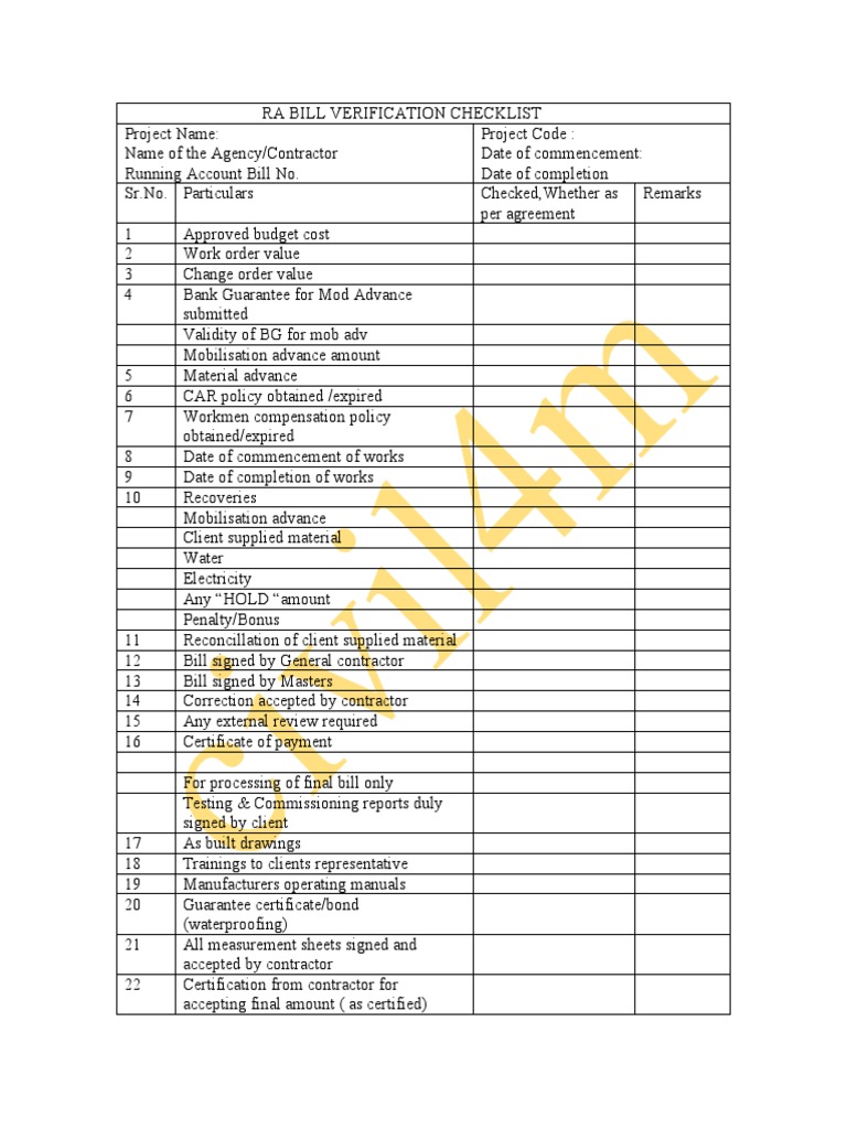 Checklist RA Bill Verification | PDF