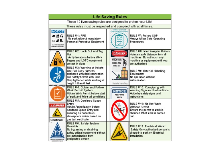 LIFE SAVING RULES - Sheet1 | PDF