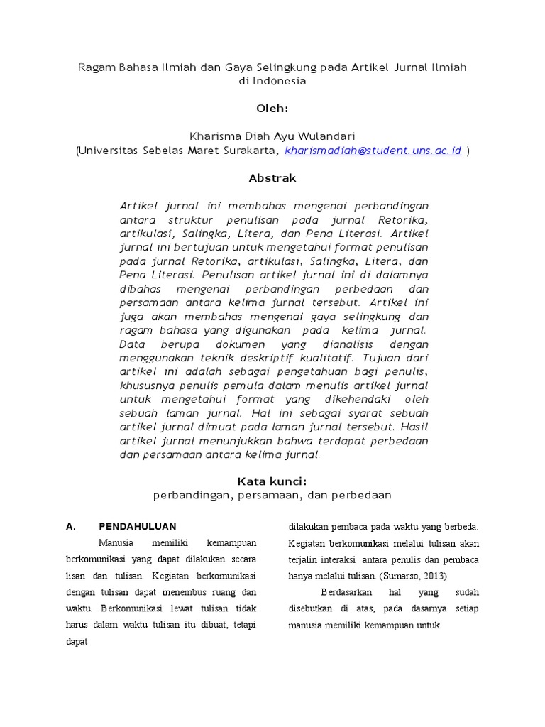 Ragam Bahasa Ilmiah Dan Gaya Selingkung Pada Artikel Jurnal Ilmiah Di Indon | PDF