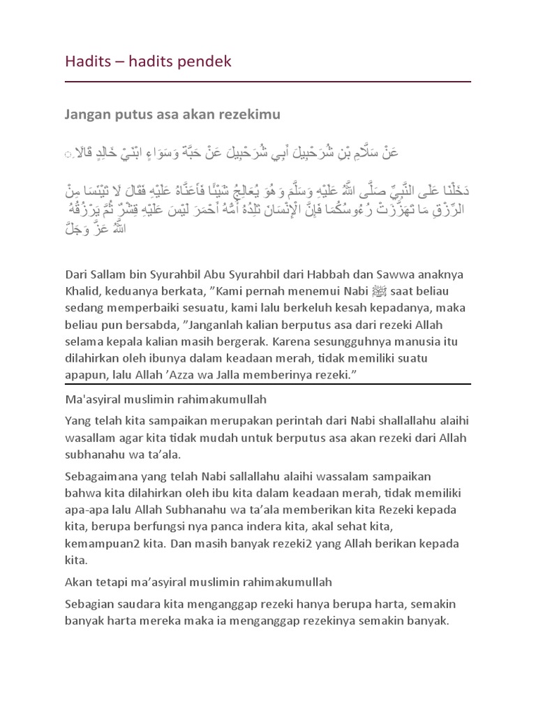Hadits Jangan Putus Asa Terhadap Rezeki Allah | PDF Hadits Jangan Putus Asa Terhadap Rezeki Allah | PDF