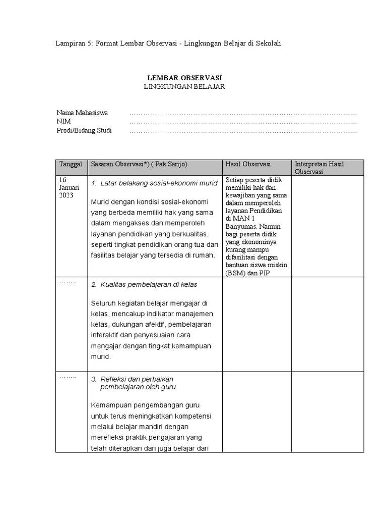 Lampiran 5 - Contoh Format Lembar Observasi Lingkungan Belajar Di ...