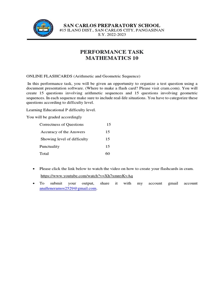 Online Flashcards on Arithmetic and Geometric Sequences: A Performance Task for Mathematics 10 ...