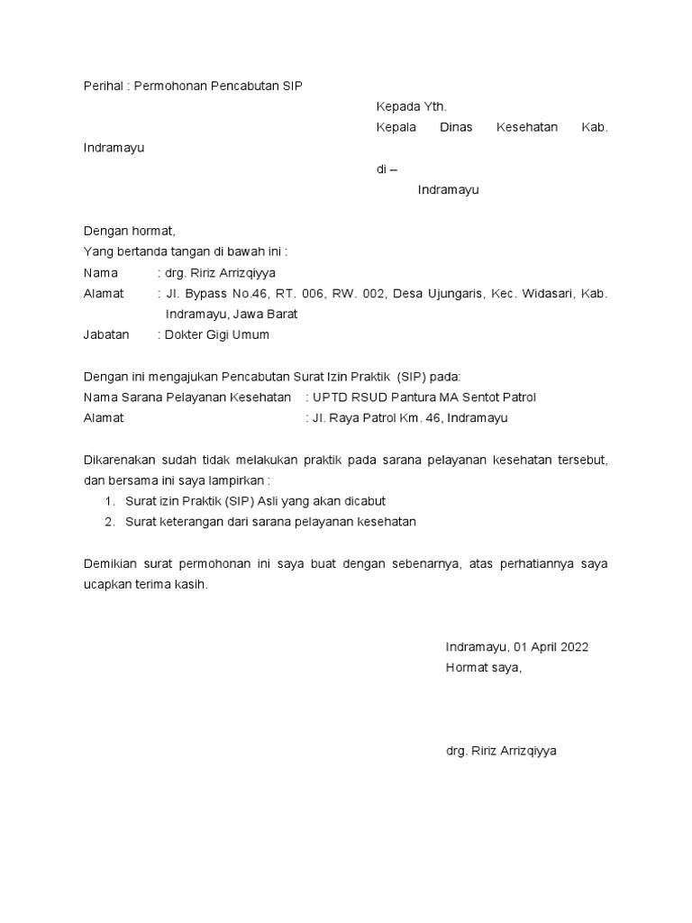 Surat Permohonan Pencabutan SIP Dinkes | PDF