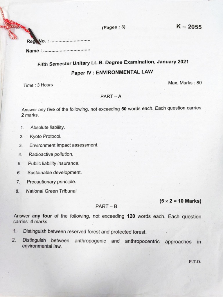Environment Law Question Paper Kerala University | PDF