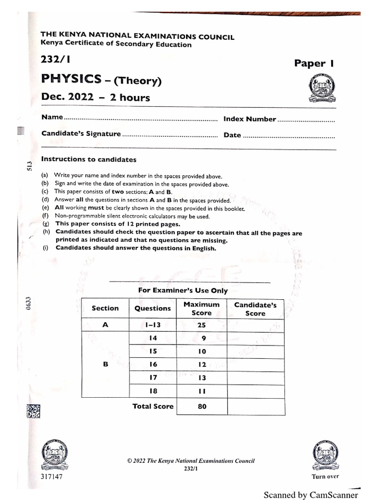 KCSE 2022 Physics Paper 1 Answers | PDF