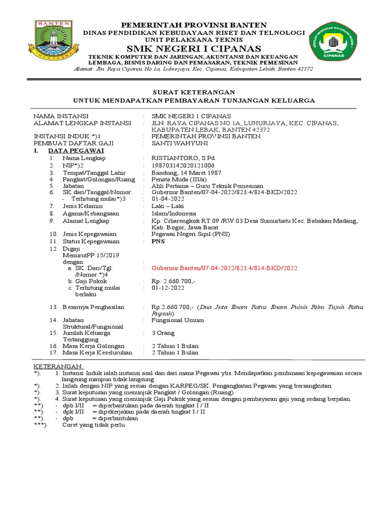 Surat Keterangan Tunjangan Keluarga PNS | PDF