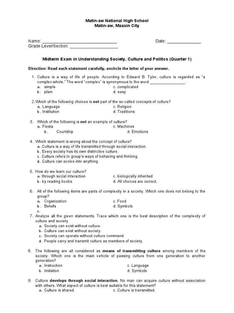 Midterm Exam Ucsp | PDF | Sociology | Anthropology