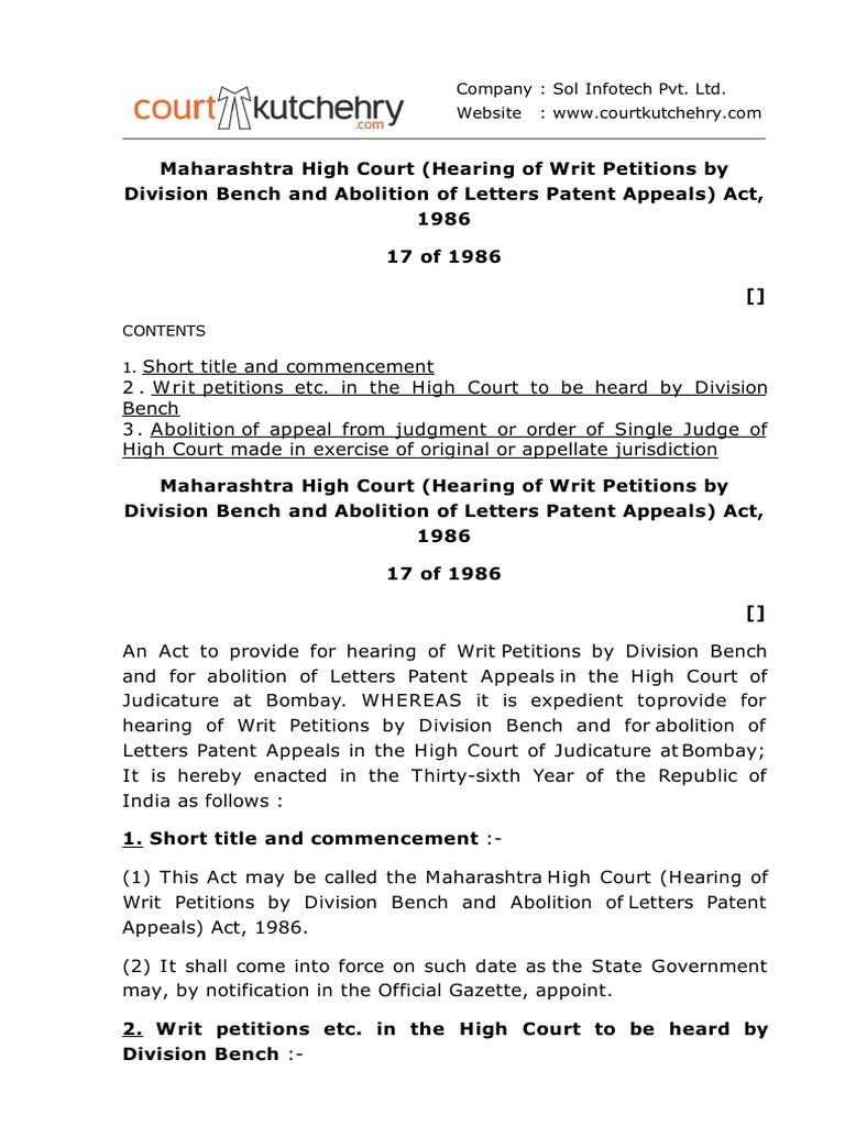 Maharashtra High Court (Hearing of Writ Petitions by Division Bench and Abolition of Letters ...